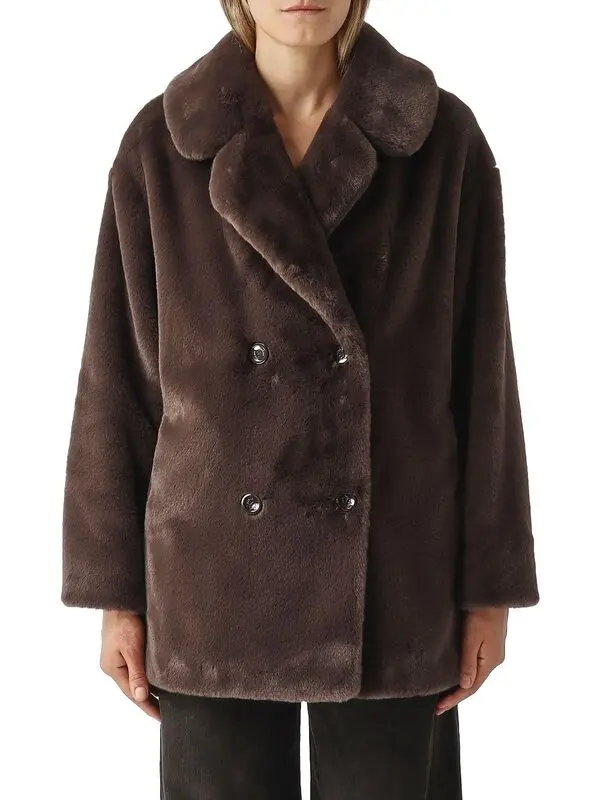 Herno Double-breasted Short Faux Fur Coat With Classic Collar - Dark