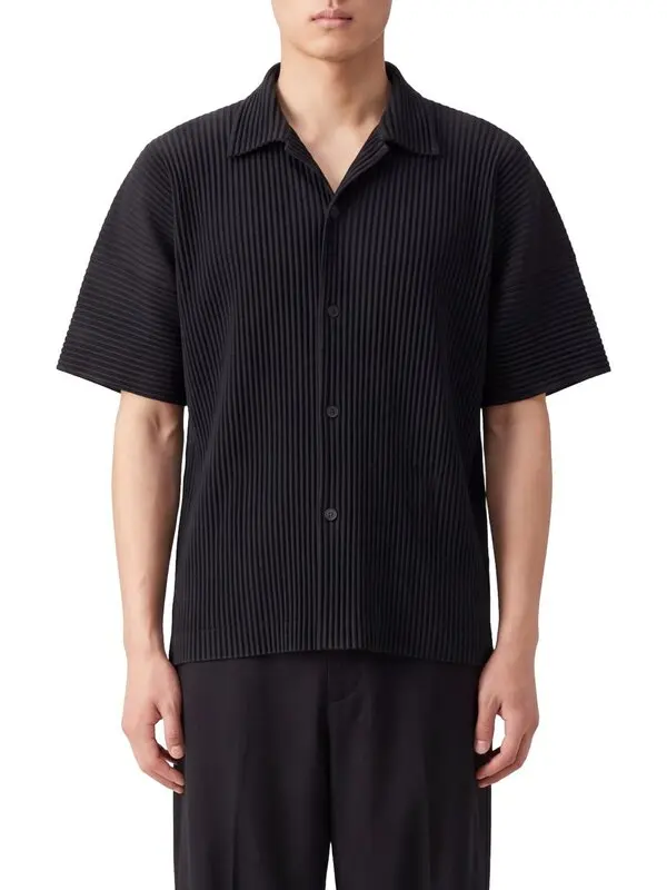 Issey Miyake Short-sleeved Pleated Bowling Shirt Homme Plissé With Cuban Collar - Black
