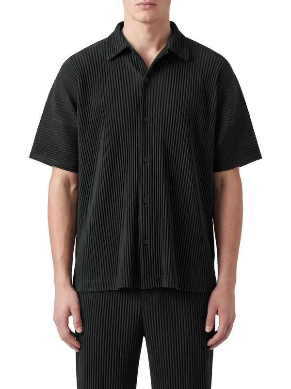 Issey Miyake Short-sleeved Pleated Bowling Shirt Homme Plissé With Cuban Collar - Grey
