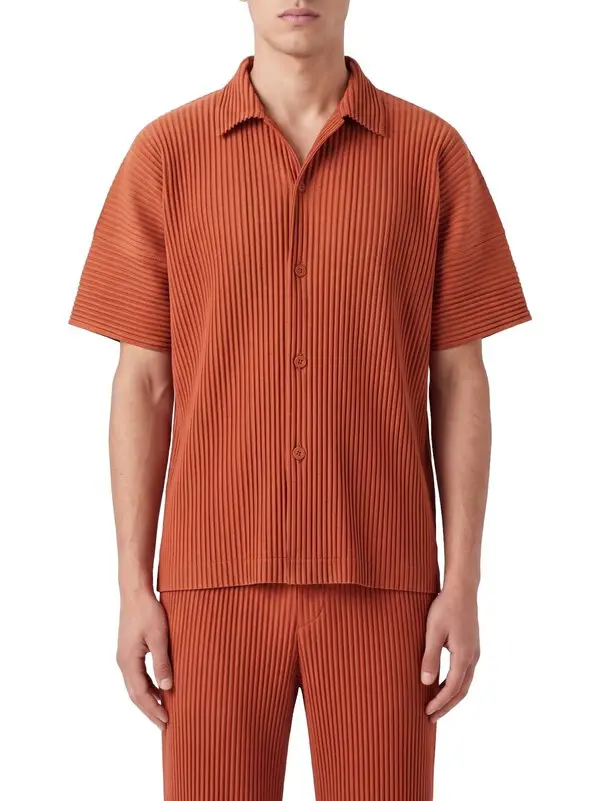 Issey Miyake Short-sleeved Pleated Bowling Shirt Homme Plissé With Cuban Collar - Orange