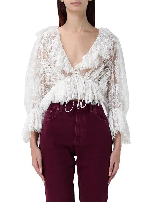 Chloé Draped Lace Cropped Blouse With Deep V-neck And Flared Sleeves - White