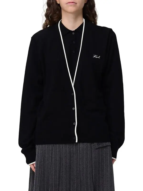 Karl Lagerfeld V-neck Cardigan In 100% Merino Wool With Contrast Trims - Black
