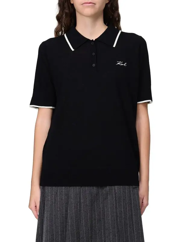 Karl Lagerfeld Knitted Polo Shirt In 100% Merino Wool With Contrast Trims - Black