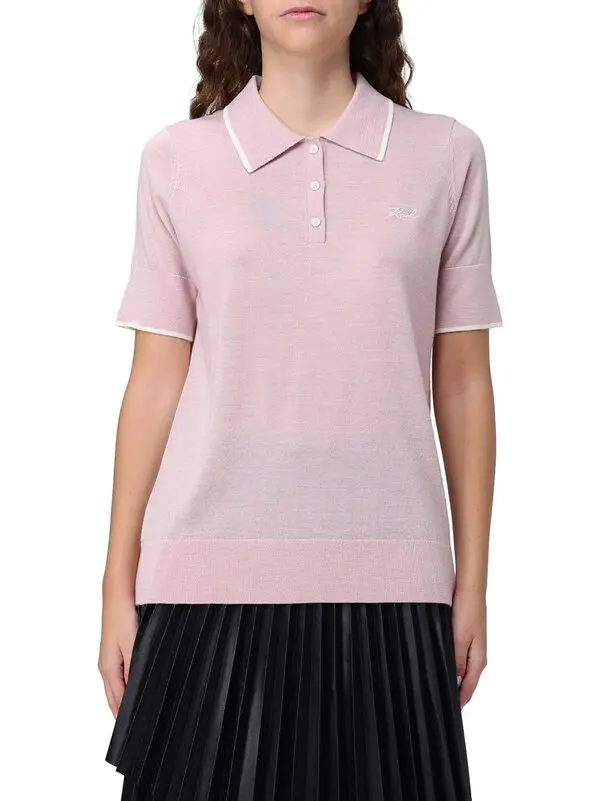 Karl Lagerfeld Knitted Polo Shirt In 100% Merino Wool With Contrast Trims - Pink