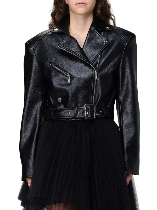 Karl Lagerfeld Cropped Faux Leather Biker Jacket With Oversized Shoulders - Black