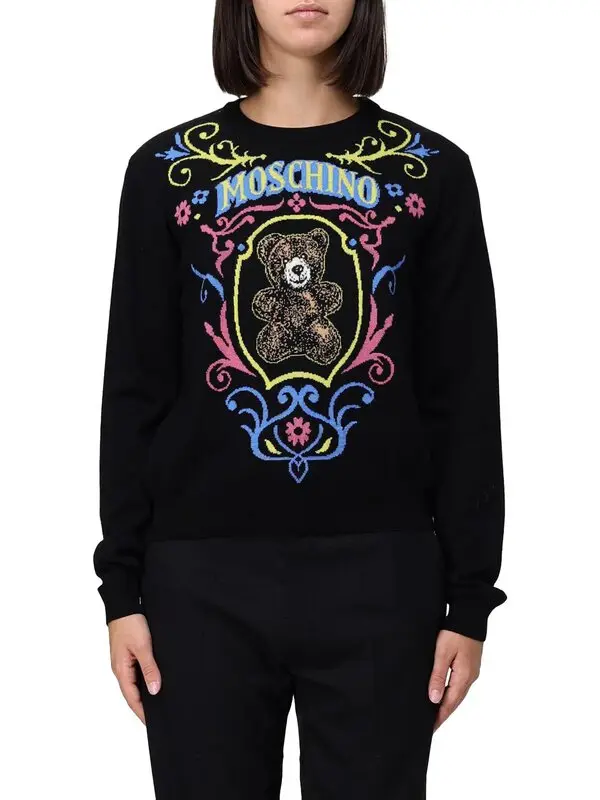 Moschino Teddy Bear Jacquard Logo Crewneck Jumper In 100% Merino Wool - Black