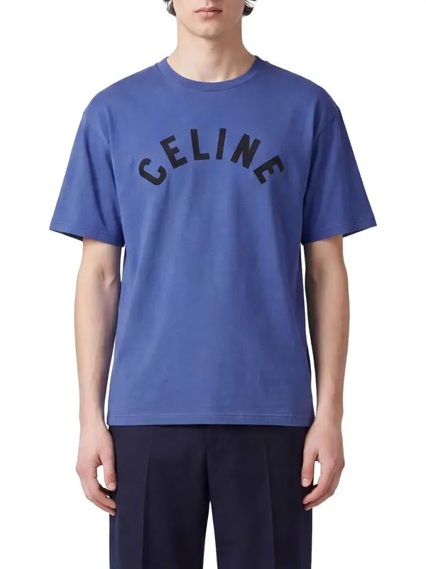 Celine Cotton T-shirt With Contrasting Logo Print On The Front - Blue