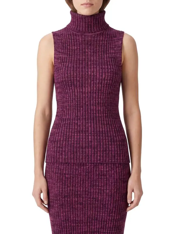 Rabanne Sleeveless Ribbed Knit Turtleneck Top In Virgin Wool And Silk With A Slim Fit - Violet