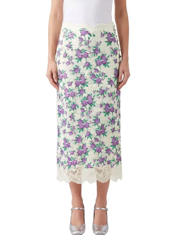 Rabanne Floral Jersey Midi Pencil Skirt With High Waist And Lace Inserts - Violet