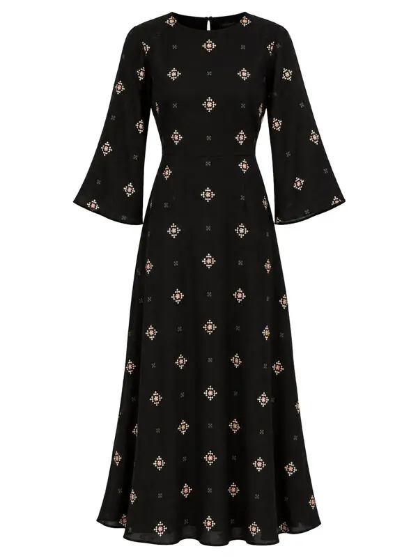 TRAFFIC PEOPLE Sacred Silence Embroidered Long Sleeve Deme Maxi Dress - Black