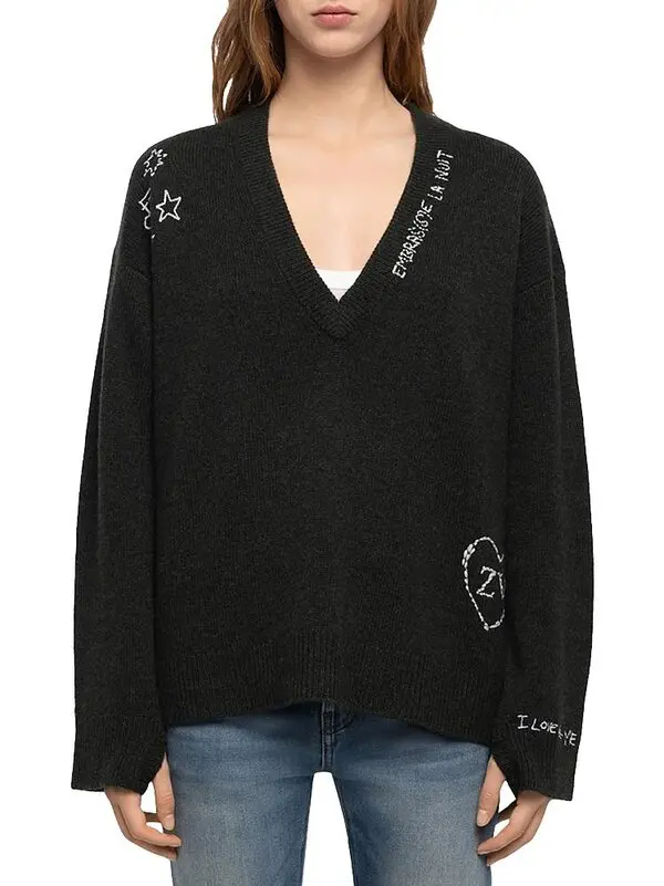 Zadig&Voltaire Mikyz Cashmere Embroidered V Neck Sweater - Gloom