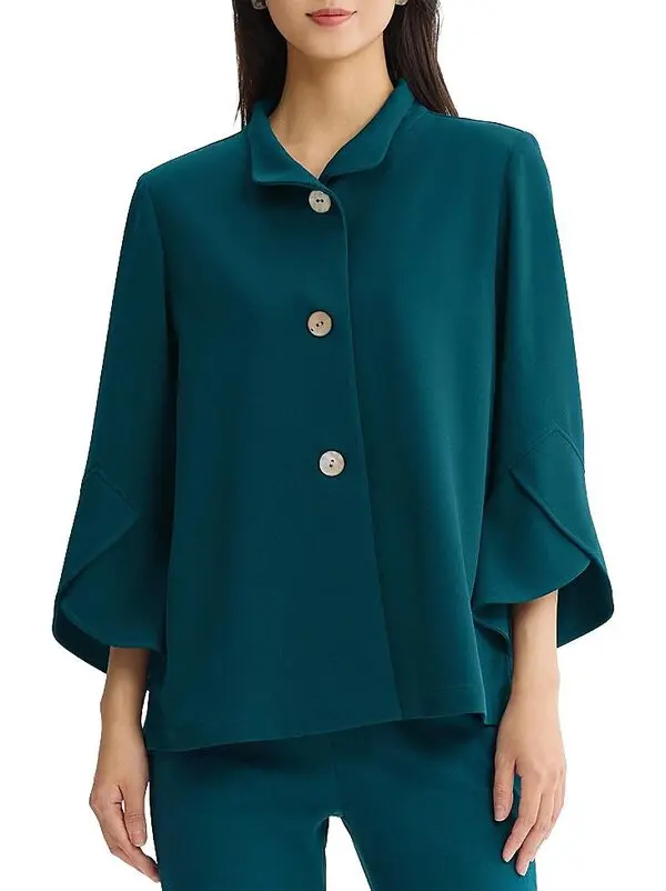 Ming Wang Button Front Bell Sleeve Deco Crepe Jacket - Deep Teal