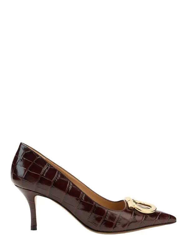 FERRAGAMO Croc-print Calfskin Leather High-heel Pumps With Front Detail - Brown