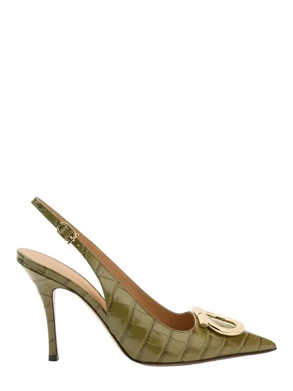 FERRAGAMO Calf Leather Crocodile-print Slingback Stiletto Heels - Green