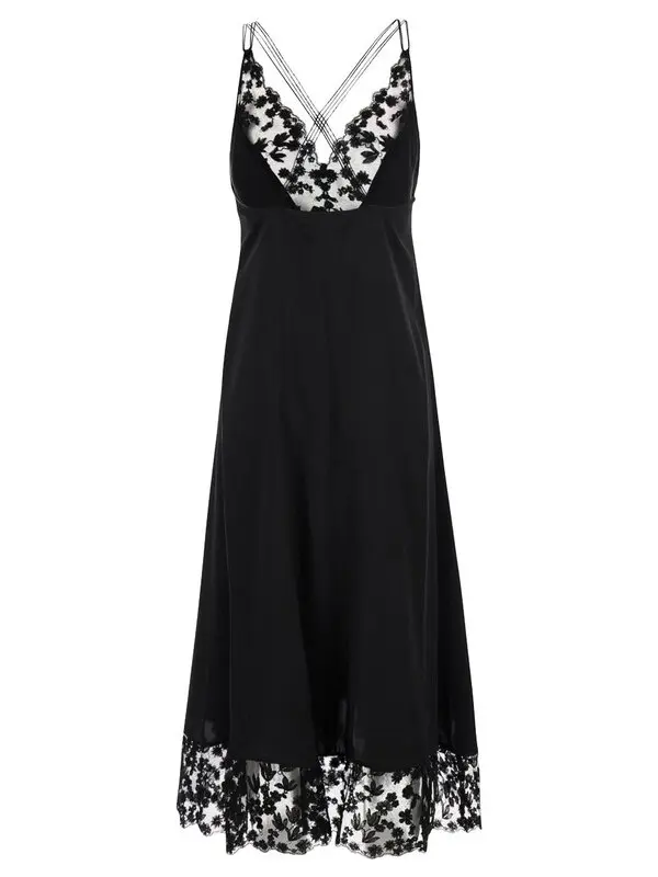 Fendi Silk V-neck Midi Dress With Lace Details And Back Spaghetti-strap Cross - Black
