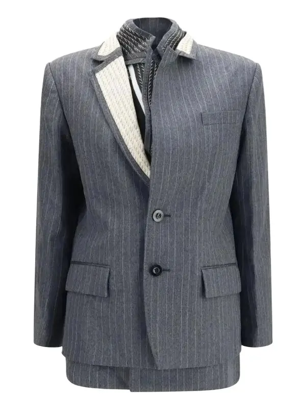Sacai Pinstriped Wool Blazer With Tailored Fit, Notched Lapels & Side Pockets - Black