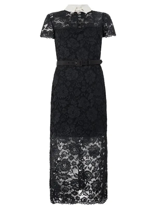 SELF-PORTRAIT Inspired Lace Midi Dress With Contrast Collar & Jewel Buttons - Black