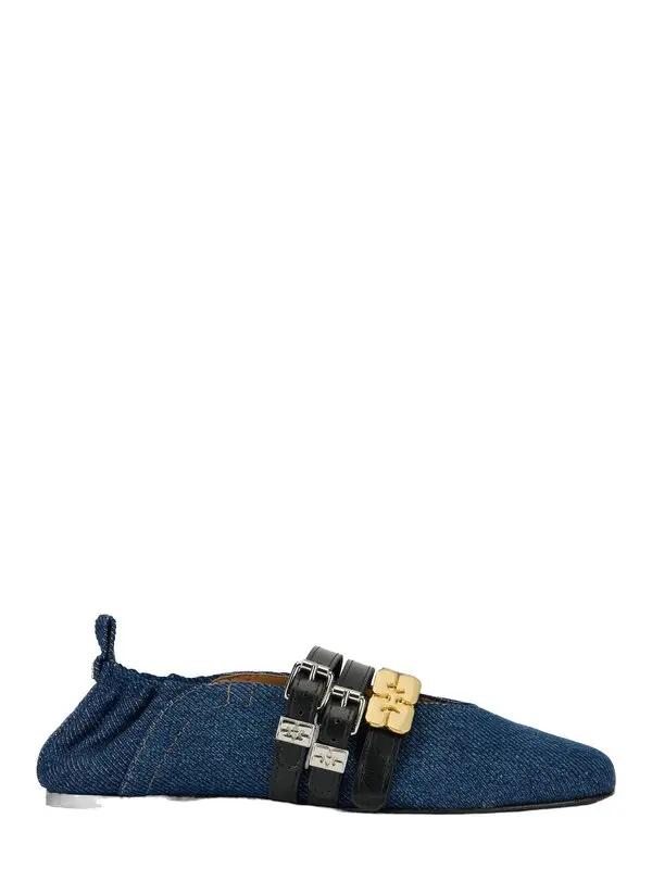GANNI Sue Triple-strap Mini Ballerina Flats In Denim - Blue