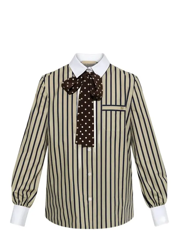 Valentino Garavani Striped Cotton Scarf Shirt With Classic Collar And Welt Pocket - Beige