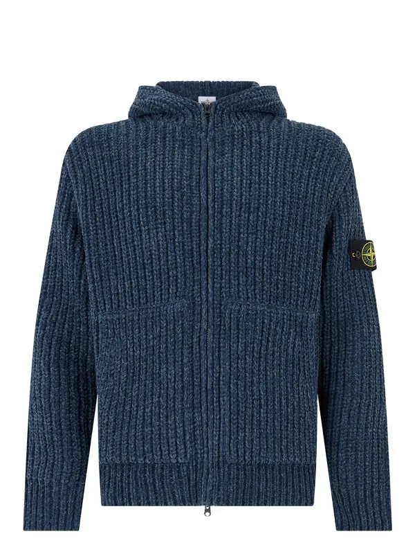 Stone Island Cardigan With Hood And Zip Front - Blue