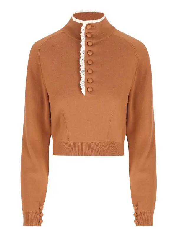 Chloé Turtleneck Sweater In Wool Knit With Lace Trim And Fabric-covered Buttons - Brown