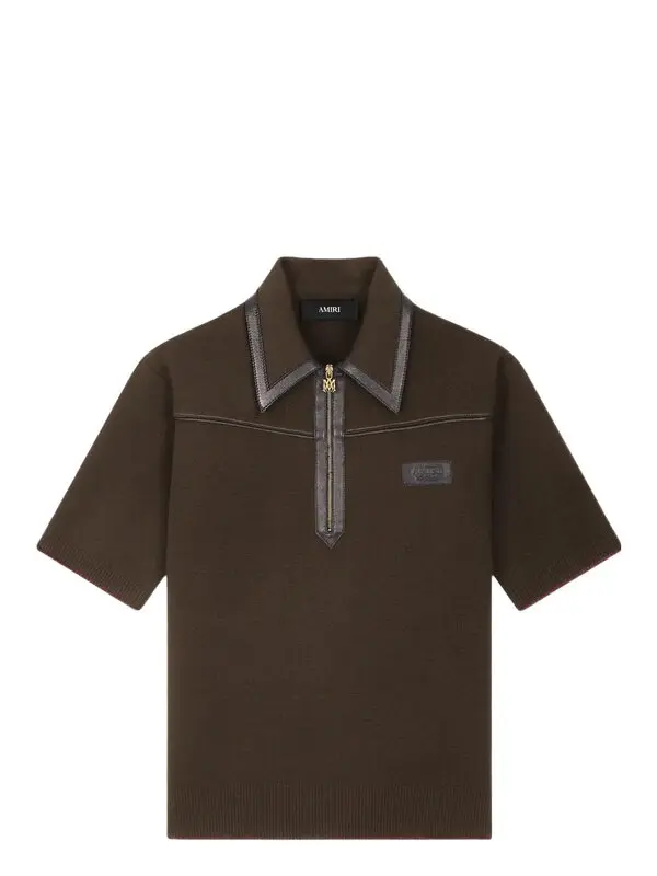Amiri Leather-trimmed Knitted Zip-up Polo Shirt - Black