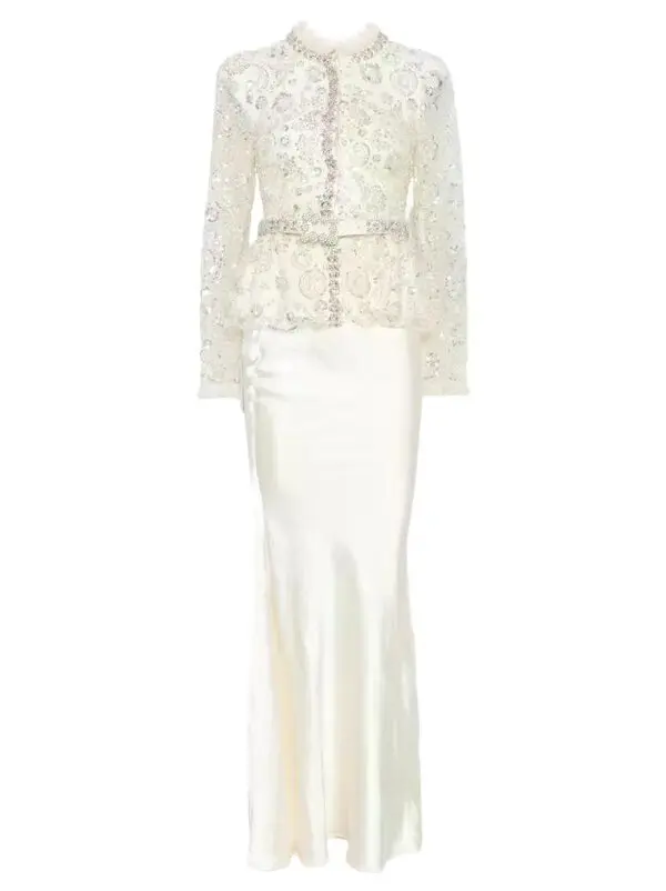 SELF-PORTRAIT Sequin-embellished Peplum Maxi Dress - Neutrals
