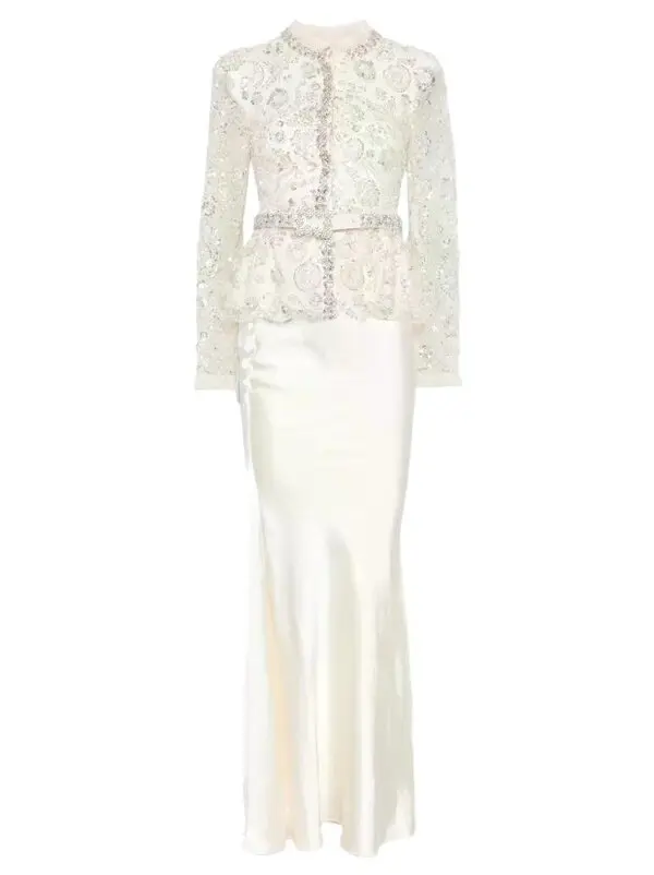 SELF-PORTRAIT Sequin-embellished Peplum Maxi Dress - Neutrals
