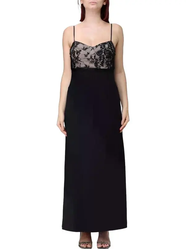 HANITA Lace-overlay Spaghetti-strap Maxi Dress - Black
