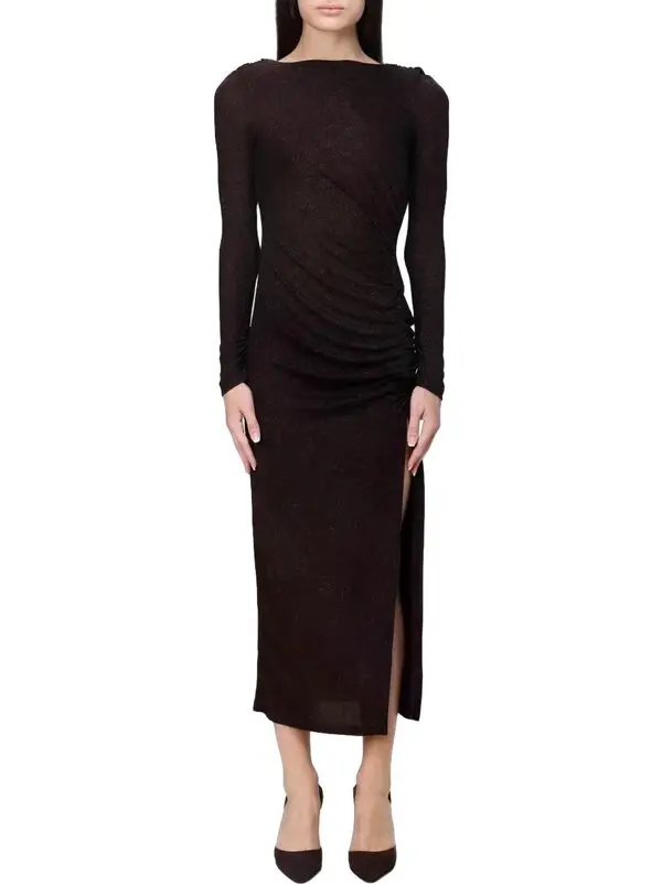 HANITA Glitter-effect Ruched Midi Dress - Brown