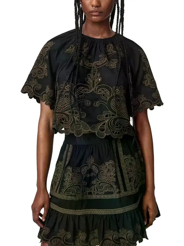 ALLSAINTS Embroidered Scalloped-edge Blouse - Black
