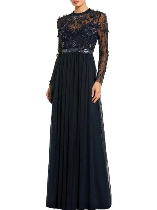 Mac Duggal Petite Embellished Illusion High Neck Long Sleeve Gown - Midnight