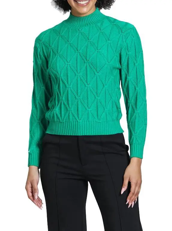 APNY Diamond Cable Eyelet Mock Neck Sweater - Emerald