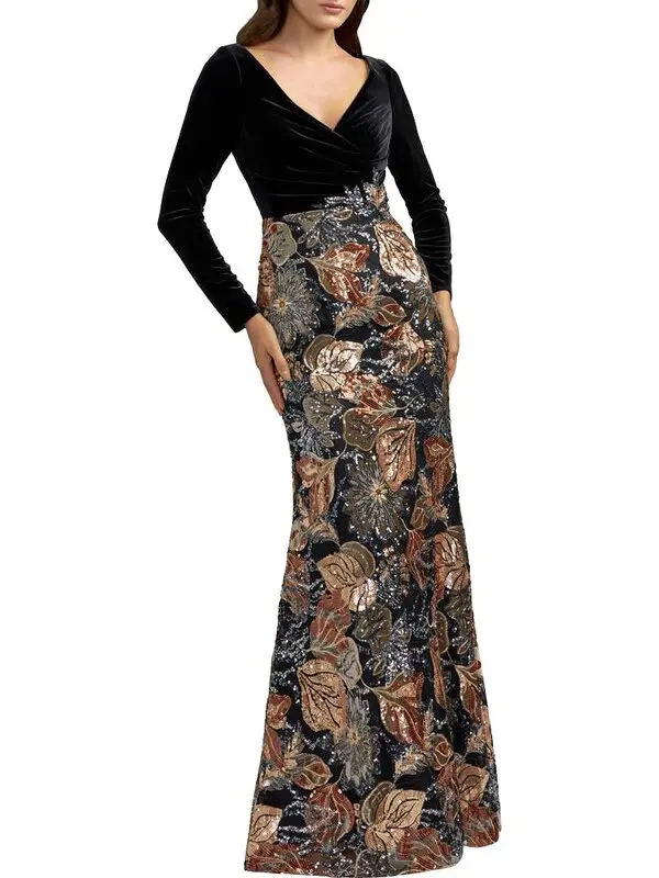 Mac Duggal Long Sleeve Floral Embellished Velvet Gown - Black Multi