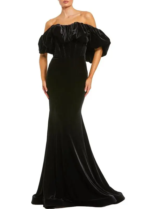 Mac Duggal Off The Shoulder Bustier Velvet Mermaid Gown - Black