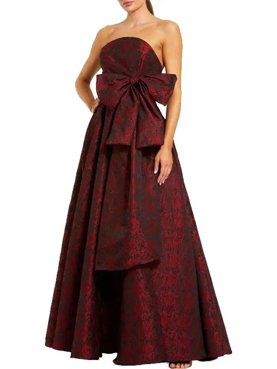 Mac Duggal Strapless Floral Brocade Evening Gown With Bow Detail - Ruby