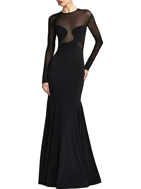 Mac Duggal Long Sleeve Sheer Detail Mermaid Jersey Gown - Black