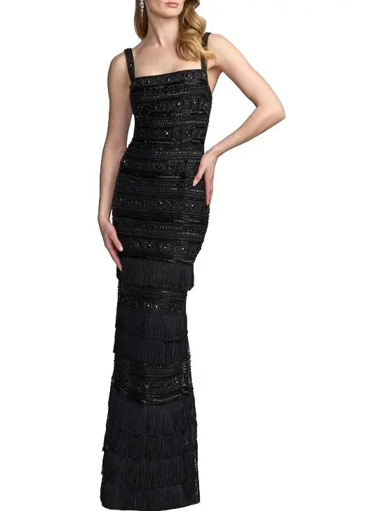 Mac Duggal Geometric Embellished Gown With Fringe - Black