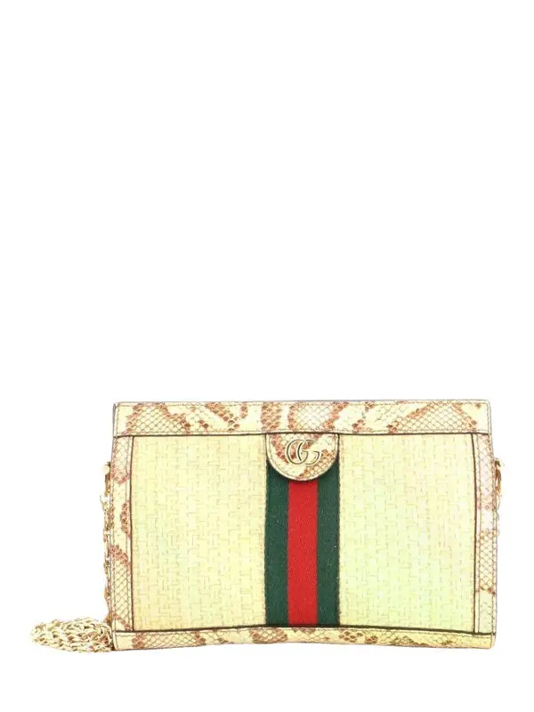 Gucci Ophidia Chain Shoulder Bag Raffia With Snakeskin Small Crossbody Bag - Neutrals
