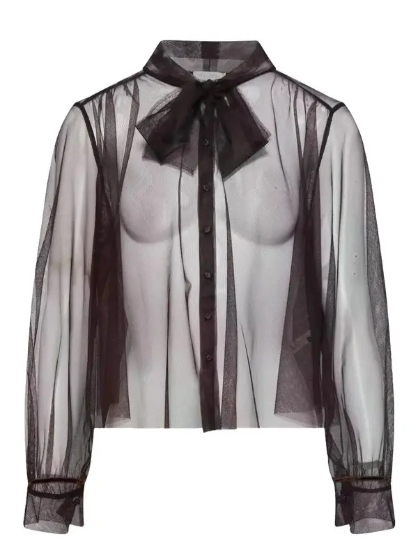 FORTE_FORTE Sheer Tie-neck Shirt - Brown