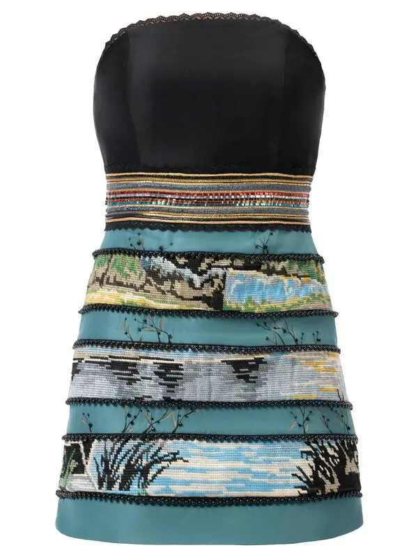 RONDOOZ Hand Painted Satin Mini Dress With Antique French Gobelin Tapestry & Hand Applied Embellishment - Black