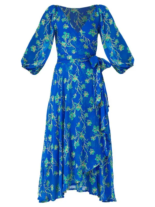 SACHA DRAKE Water Lily Wrap Dress In Cobalt Jade Floral - Blue