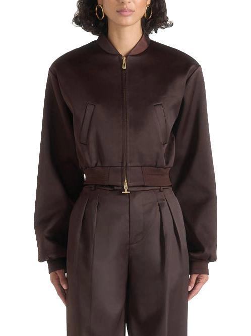 Manière De Voir Monique Satin Wide Shoulder Bomber Jacket - Brown