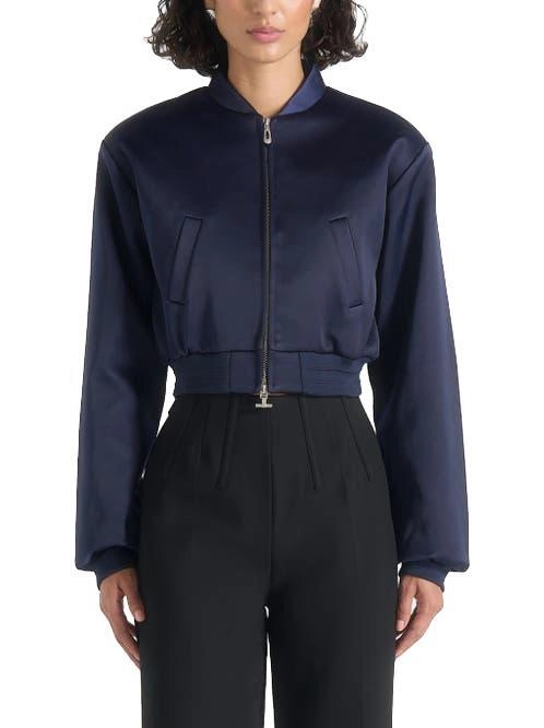 Manière De Voir Monique Satin Wide Shoulder Bomber Jacket - Navy