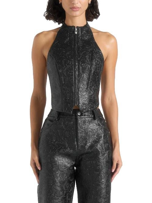 Manière De Voir Claudette Embossed Leather Halterneck Backless Top - Black