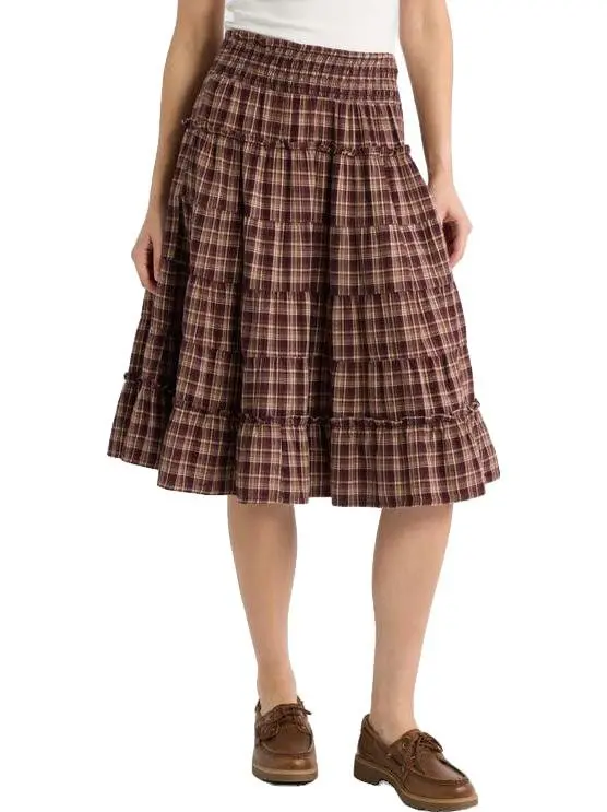 BDG URBAN OUTFITTERS Ella Tiered Midi Skirt - Brown Check