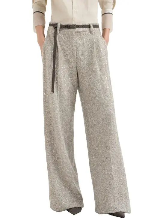Brunello Cucinelli Dazzling Chevron Embroidery Loose Pleated Trousers In Sparkling Mohair And Wool - Rope