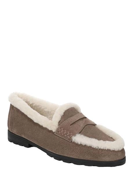 Veronica Beard Penny Lug Loafer With Genuine Shearling Trim - Bark Suede