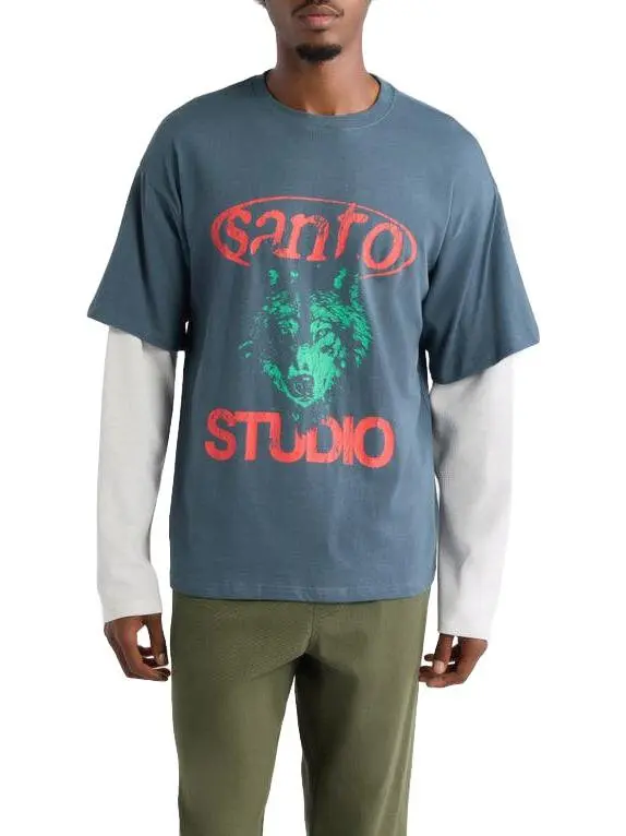 SANTO STUDIO Wolf Layered Graphic T-shirt - Battle Grey