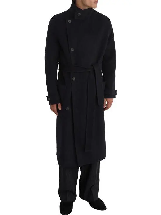REISS Selation Wool Blend Belted Overcoat - Navy